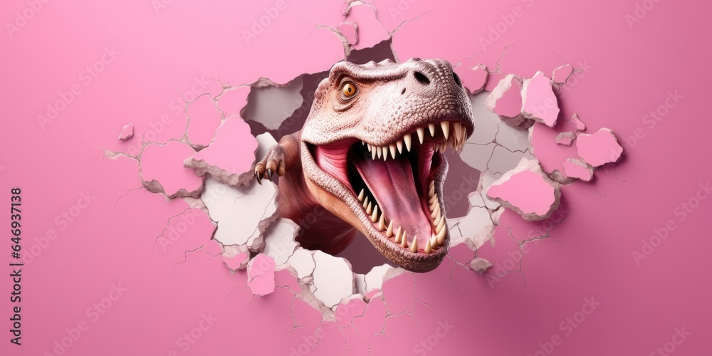 Cute T-Rex peeking out of a hole in wall, torn hole, empty copy space ...