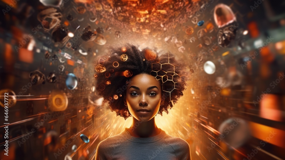 Overwhelming information data explode out of head of young human brain ...