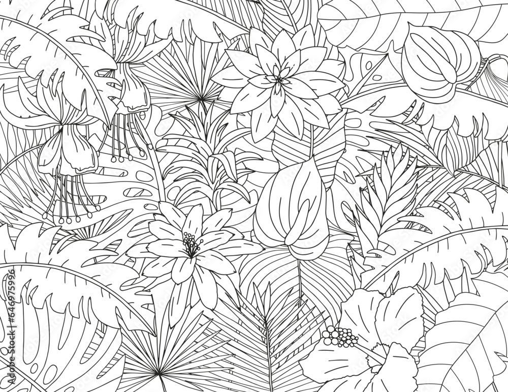 Coloring page made of tropical flowers and leaves. The best activity to ...