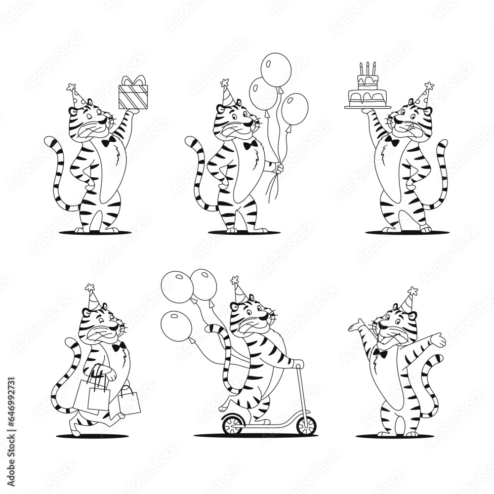 Coloring pages. Funny cartoon tigers set with Birthday cake present ...