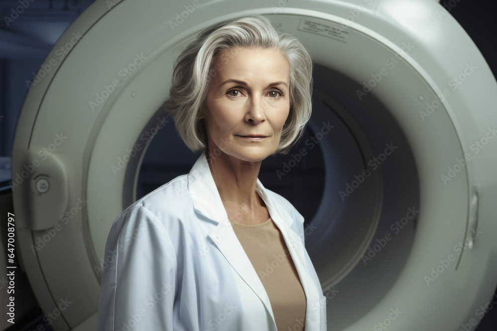 Elderly female doctor physician radiologist with grey hair in front of ...