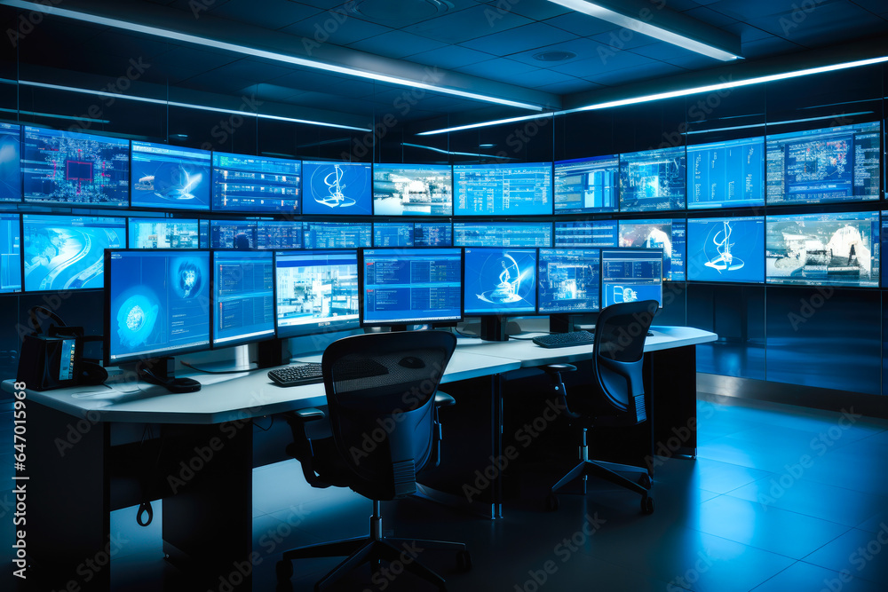 Interior of big modern security system control room, workstation with multiple displays ...