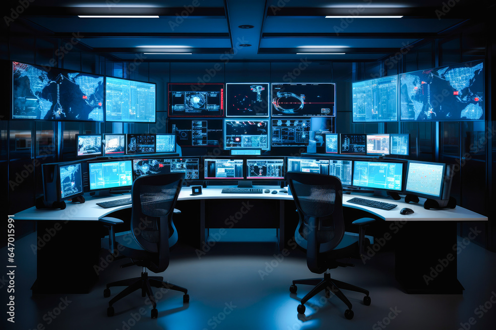 Interior of big modern security system control room, workstation with multiple displays ...