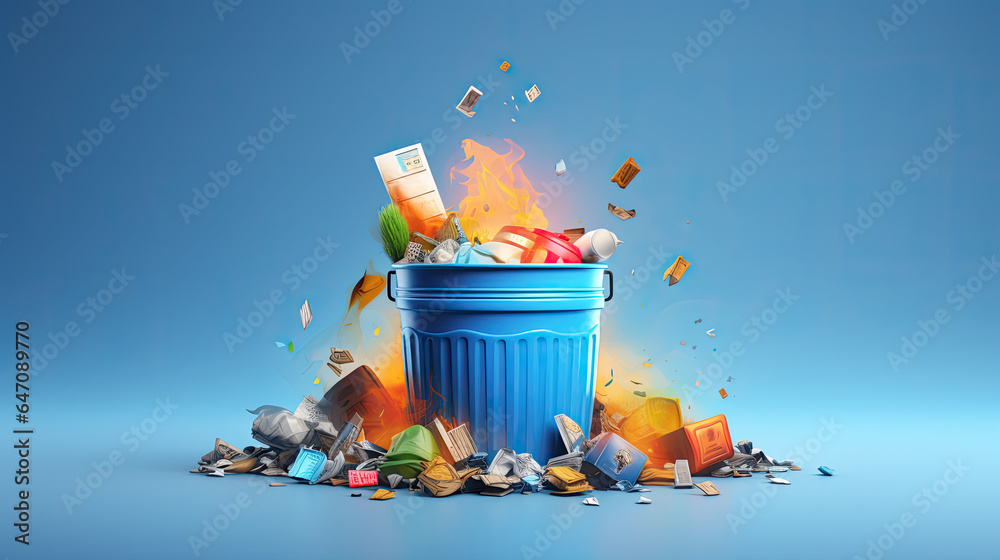 3d render illustration of a filled blue trash can overflowing with ...