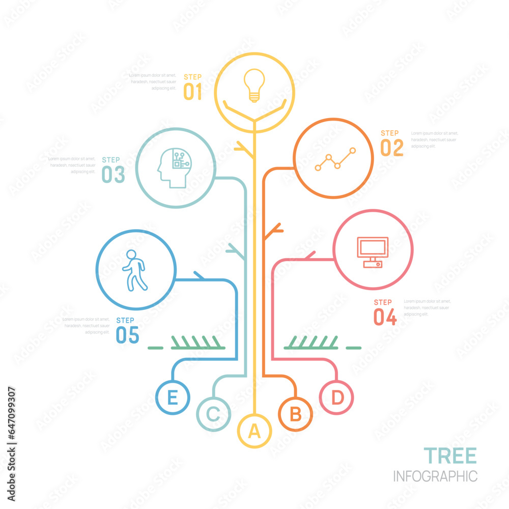 Infographic Tree diagram template for business. Timeline 5 step arrows ...
