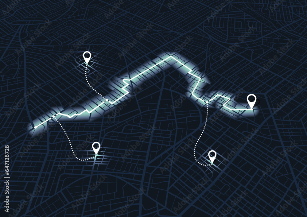 Isometric Gps, graphic tourist map of territory. The path marked on the ...
