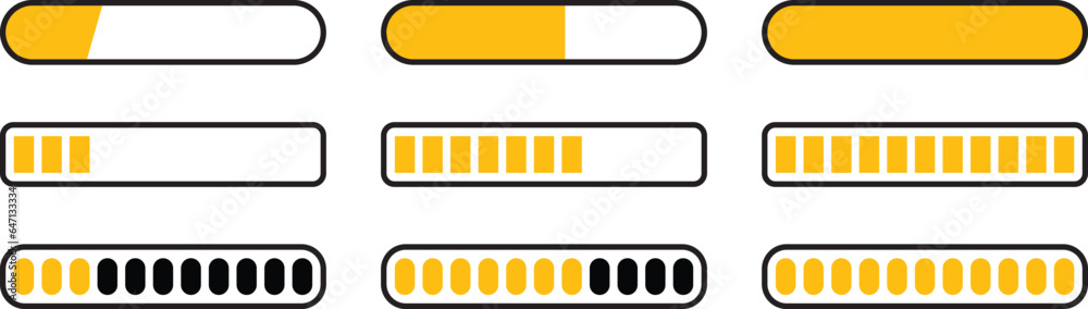 Loading progress bar iconս collection. Set of progress scale of process. Upgrade, upload ...