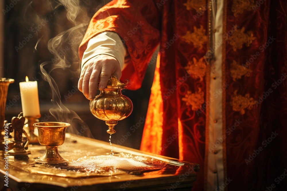 A priest in liturgical vestments, pouring sacred oil on the altar ...
