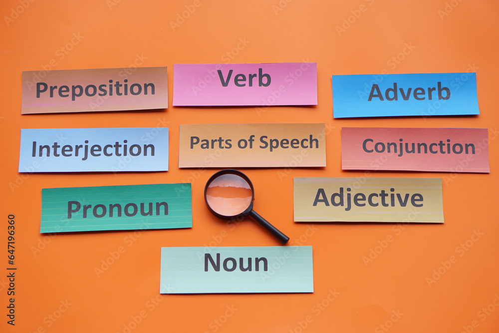 Magnifying glass, colorful word cards about Part of speech Noun Verb ...