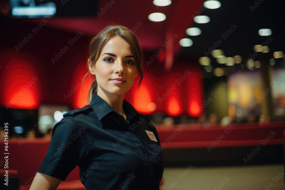 Woman Guard On Defocused Background Movie Theaters. Сoncept Female ...