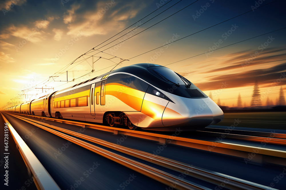 A modern high-speed train moves along the railway tracks in the evening ...