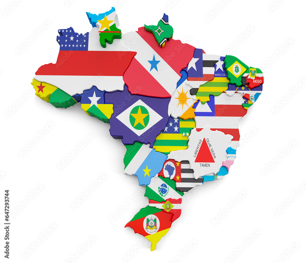 Isometric map with flags of the states of Brazil on transparent ...