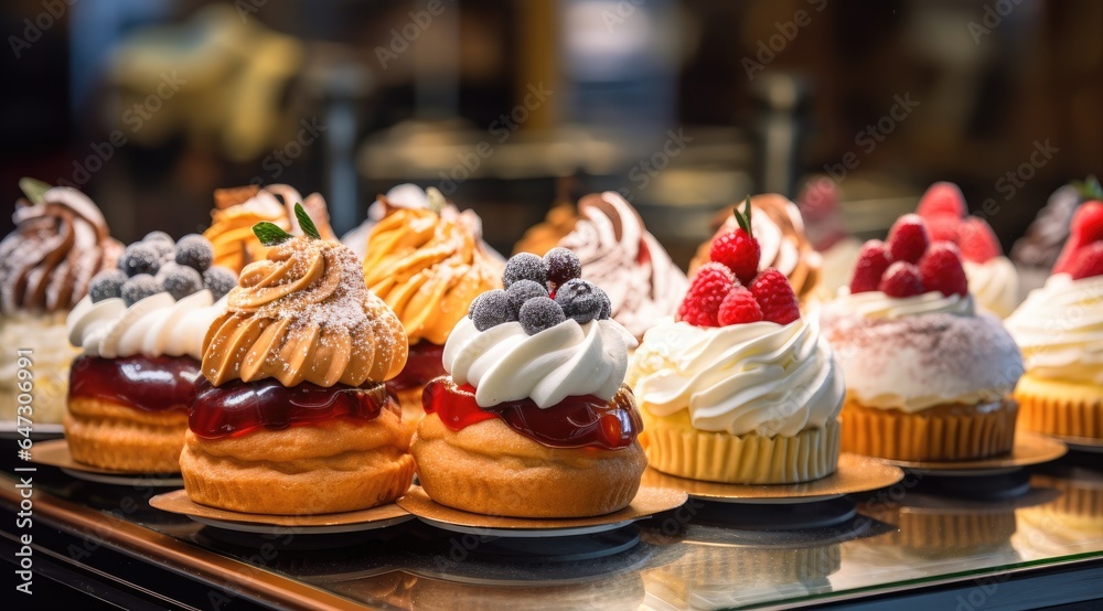 Small cakes on display at the patisserie counter. Stock Photo | Adobe Stock