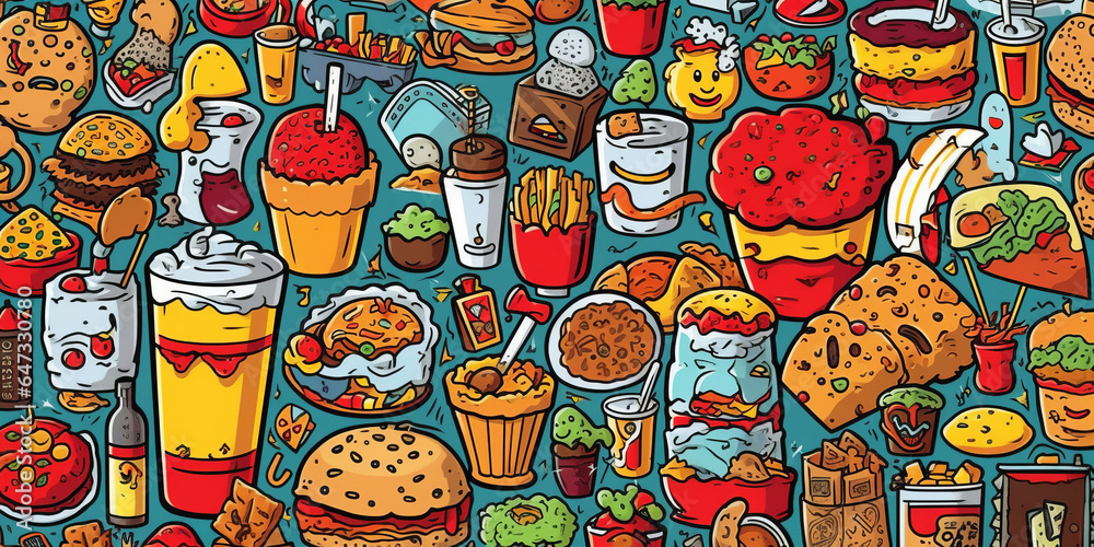 Fast food hand drawn cartoon doodles illustration. Fast food funny ...