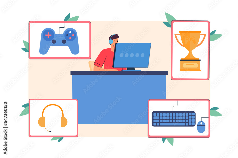 Professional gamer playing computer game vector illustration. Console ...