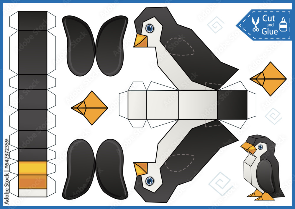 Craft game cut and glue paper 3d penguin. Kids papercraft template cute ...