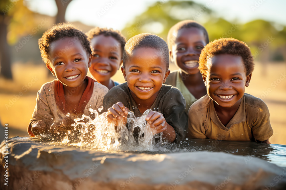 African children enjoy clean water and stretches out his hands to tank ...