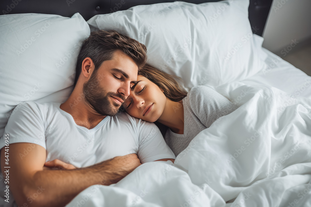 Tired young couple laying sleepy in a bed with white sheets Stock Photo ...