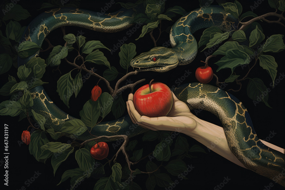 The original sin, the forbidden fruit. Hand holding the apple and the ...