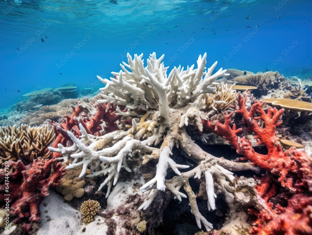 A closeup of a dying coral reef, contrasted with a thriving one ...