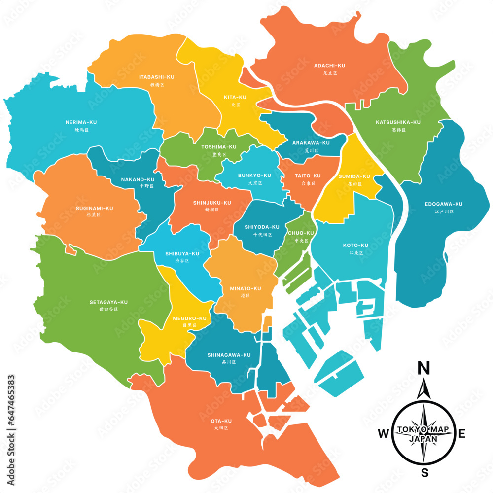 Vector color map of Tokyo, the capital of Japan. All Area name Romanji ...