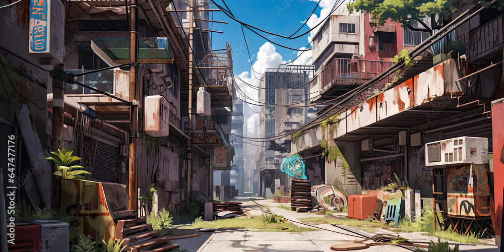 Abandoned anime city streets urban background empty daytime cityscape ...