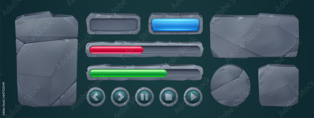Set of stone game ui frames and buttons isolated on background. Vector ...