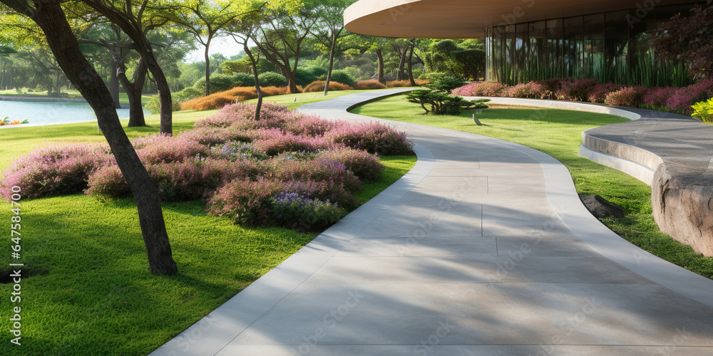 Walkway and landscape in garden, park. Also called path, footpath ...