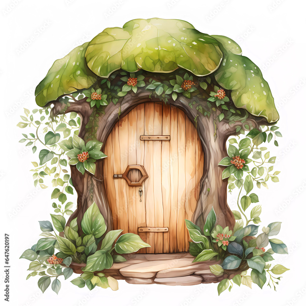 Fairy door with spring flowers watercolor clipart ,ai Stock ...