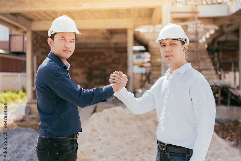 Half-body photograph of Two Asian male engineers hold hands and work ...