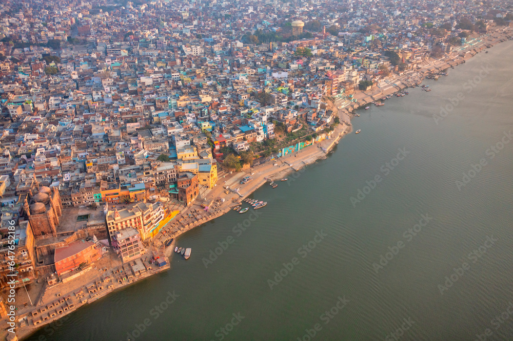Aerial view of Varanasi, the spiritual capital of India and Ghats in ...