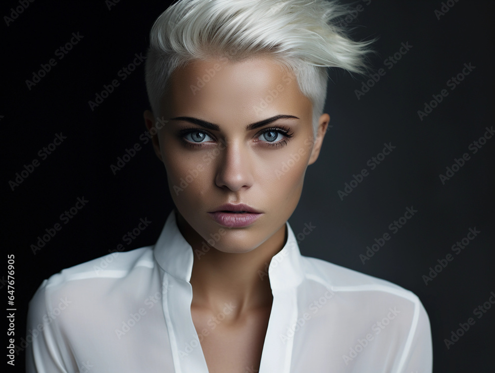 androgynous model, piercing blue eyes, slicked - back platinum blonde ...