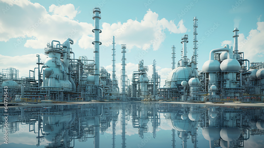 A modern petrochemical plant with intricate piping systems ...