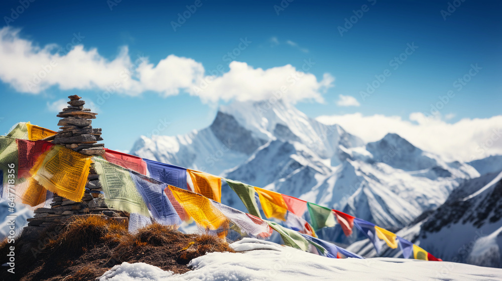 Buddhist prayer flags fluttering in the Himalayas, snow - capped ...