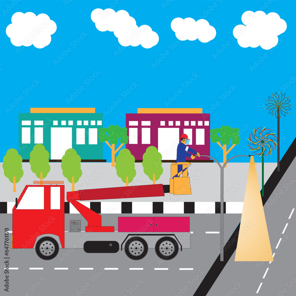 Worker Repairing Streetlight with Crane Truck Streetlight Maintenance ...