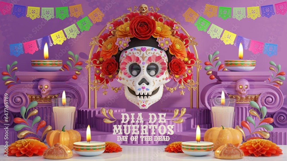 3d rendering illustration for Day of the Dead, Dia de muertos altar ...