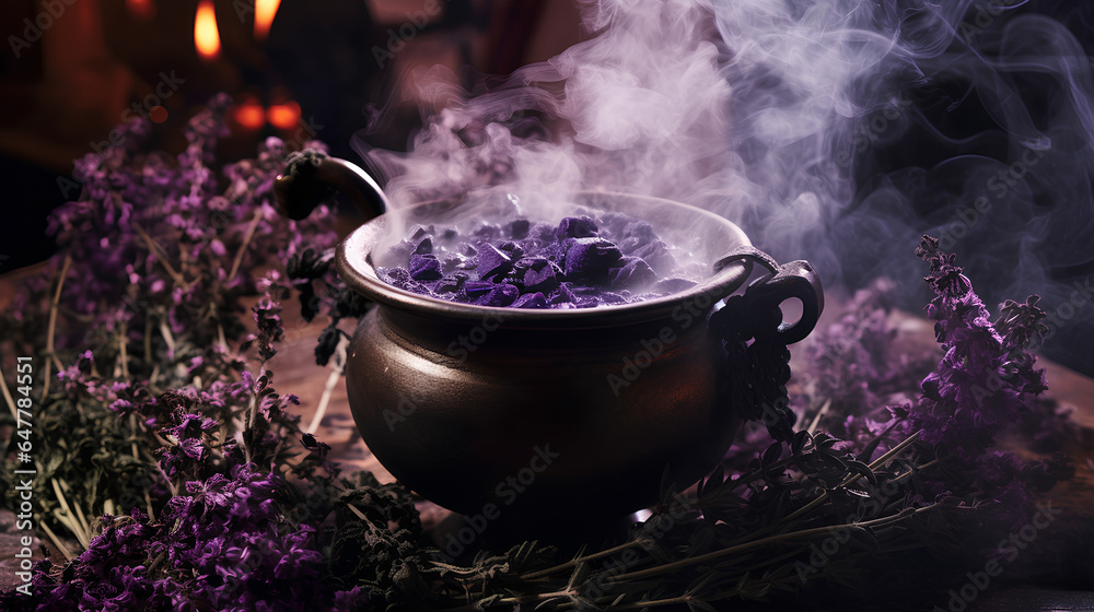 Realistic witch cauldron in a spooky scene with lilac colored smoke ...