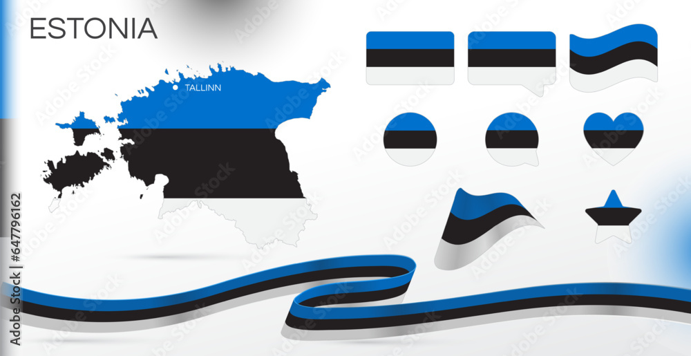 Estonia flags set. Various designs. Map and capital city. World flags ...