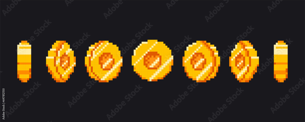 Pixel art animation gold coin for a 8-bit retro video game. Game ui ...