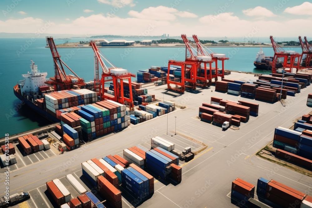 Aerial view of international logistics and cargo port in operation ...