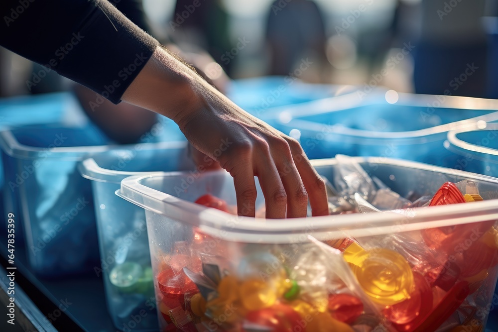 Unrecognizable person recycling. Man separating plastic from paper in ...