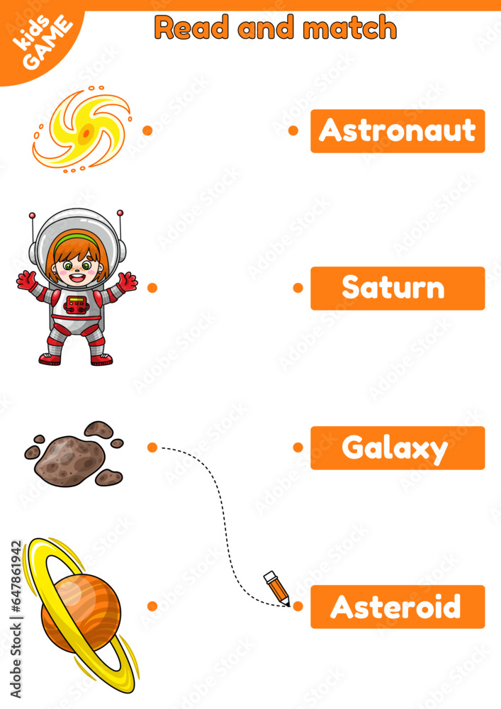 Word match kids educational game with cartoon girl astronaut, planet ...