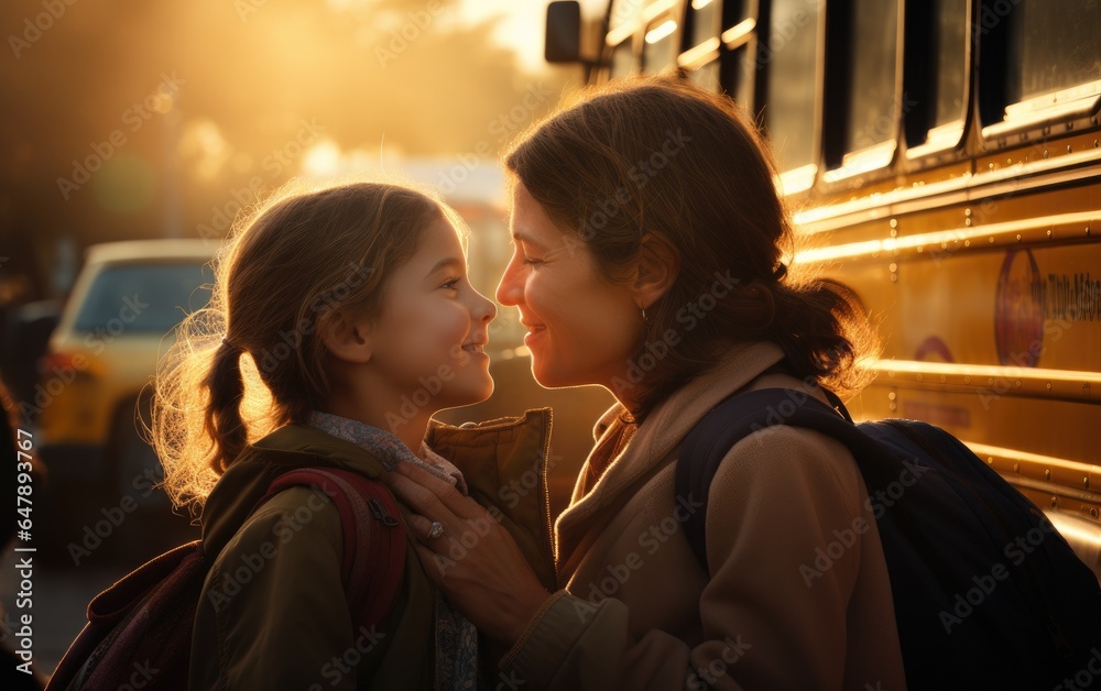 Mummy hugging her child before entering a school bus. Generative AI ...