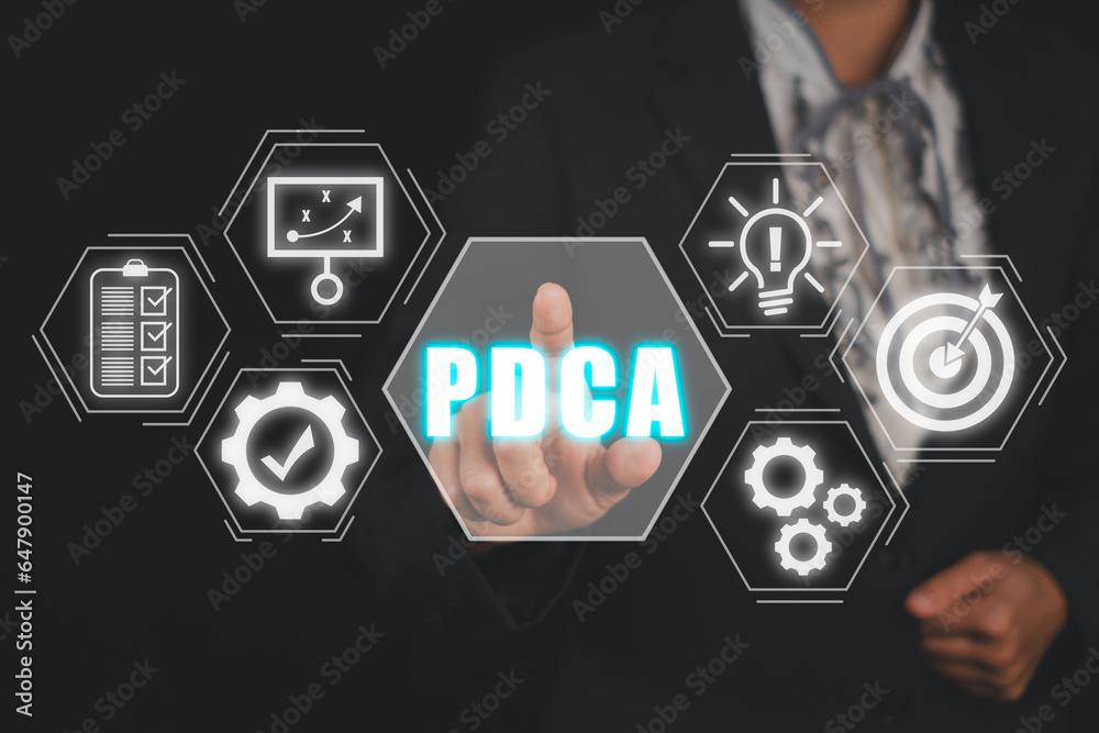PDCA Plan Do Act Check Business technology concept, Businesswoman hand ...