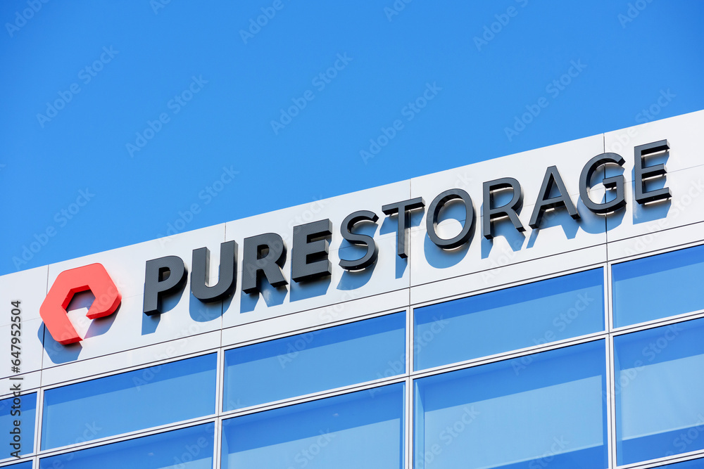 Pure Storage sign, logo on the headquarters of American publicly traded ...