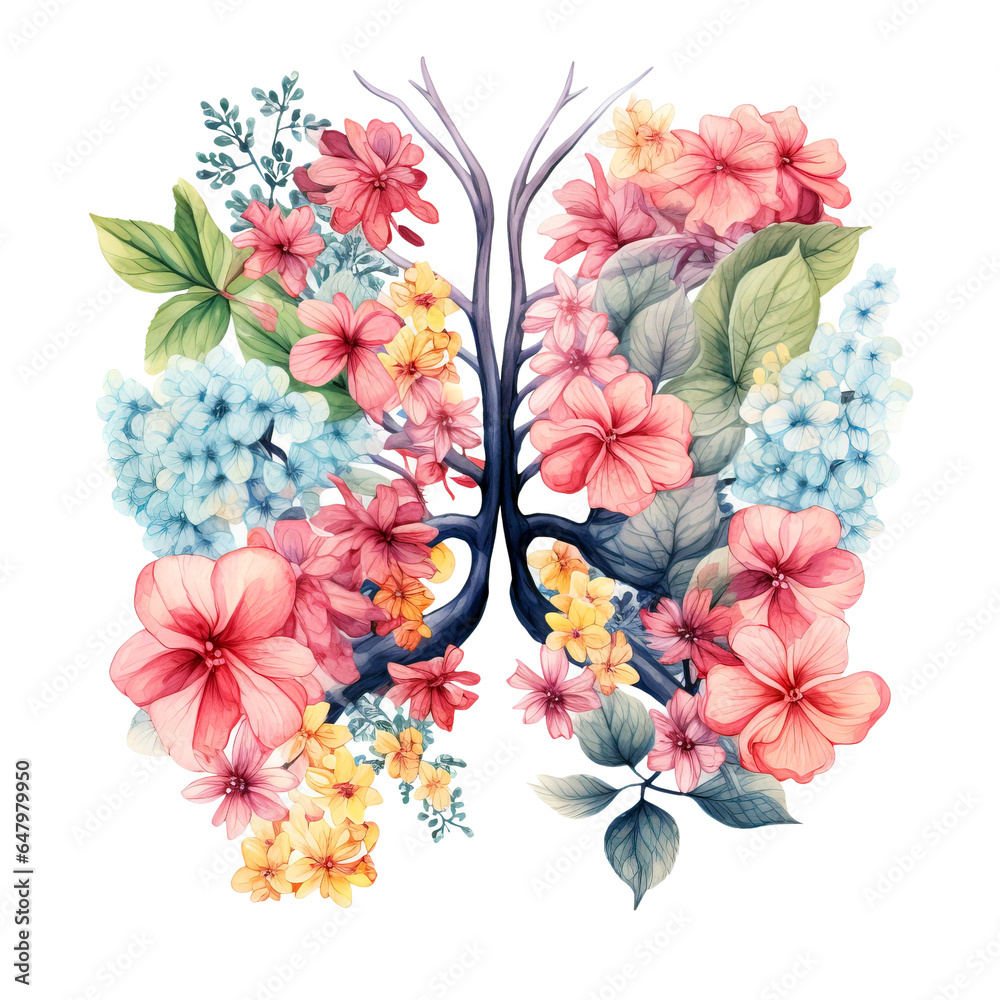 Watercolor Human Lungs Anatomy filled with flowers Pastel Color Clipart ...