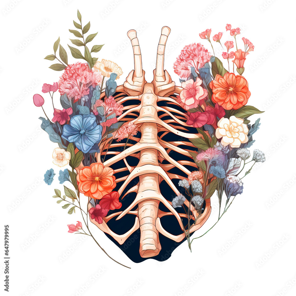 Watercolor Human Skeleton Anatomy filled with flowers Pastel Color ...