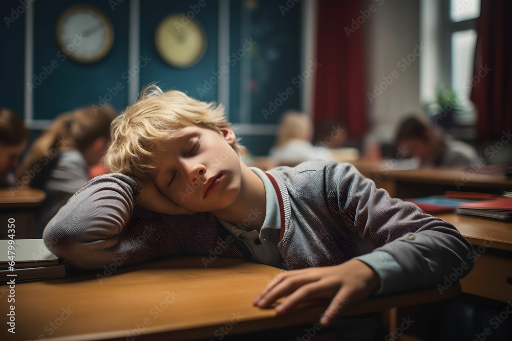 bored blonde student sleeping on his desk in the school classroom ...