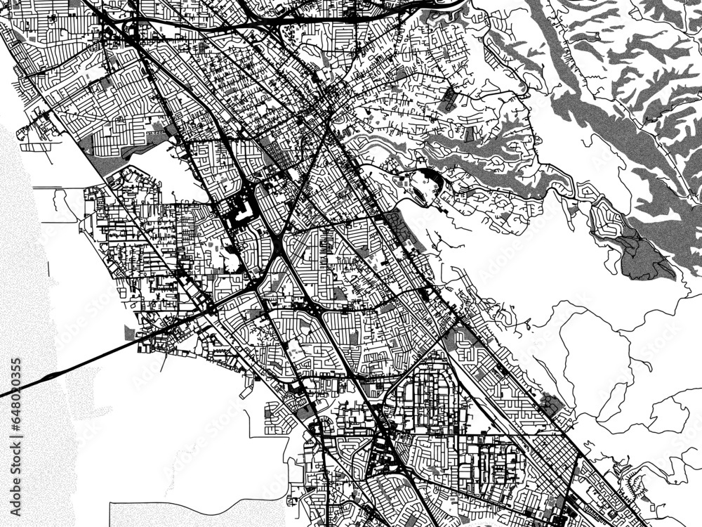 Greyscale vector city map of Hayward California in the United States of ...