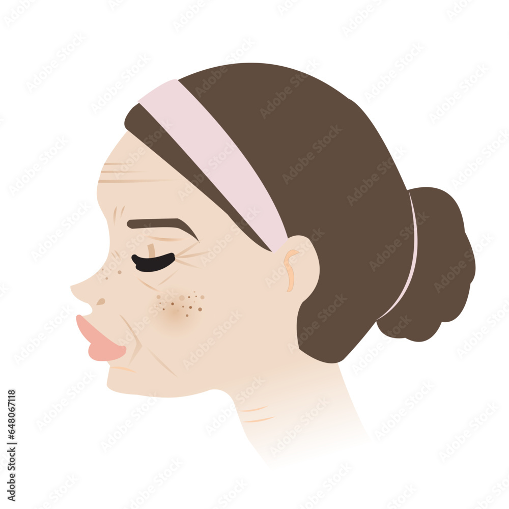 Woman face with aging skin side view vector isolated on white ...